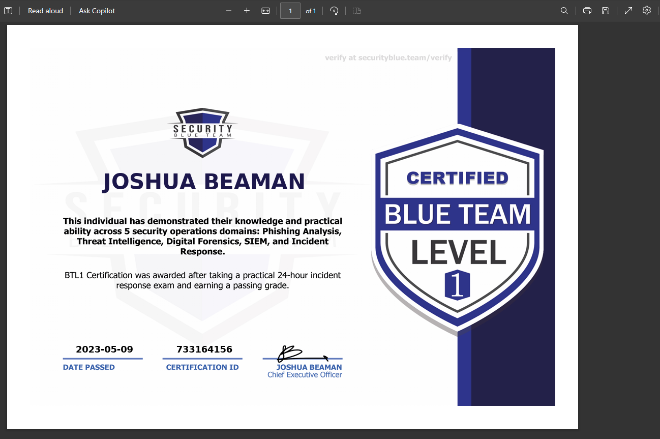 Certification Digital Rewards – Security Blue Team Support