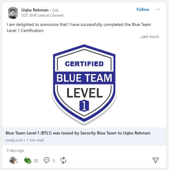 Certification Digital Rewards – Security Blue Team Support
